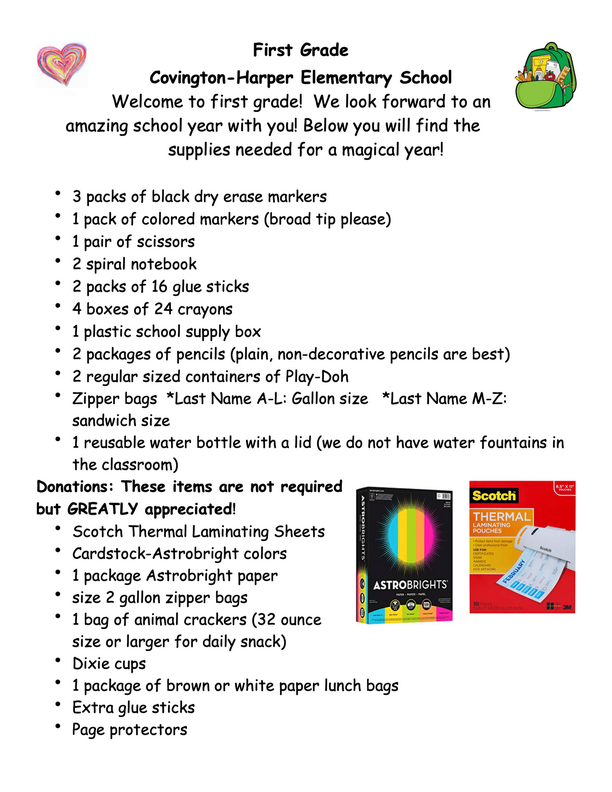 2025-26 School Supply Lists - Covington-Harper Elementary School