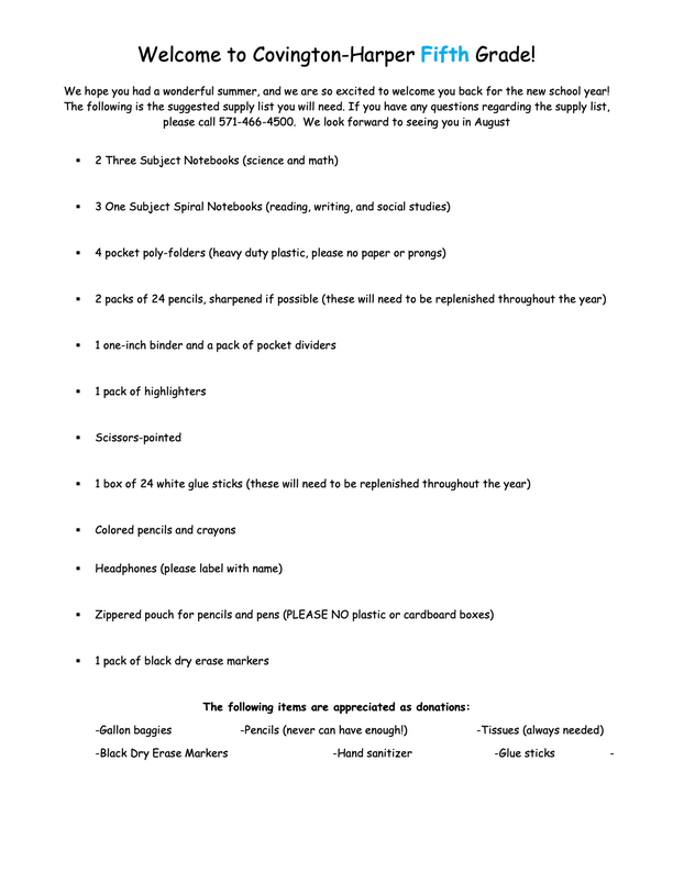 2025-26 School Supply Lists - Covington-Harper Elementary School