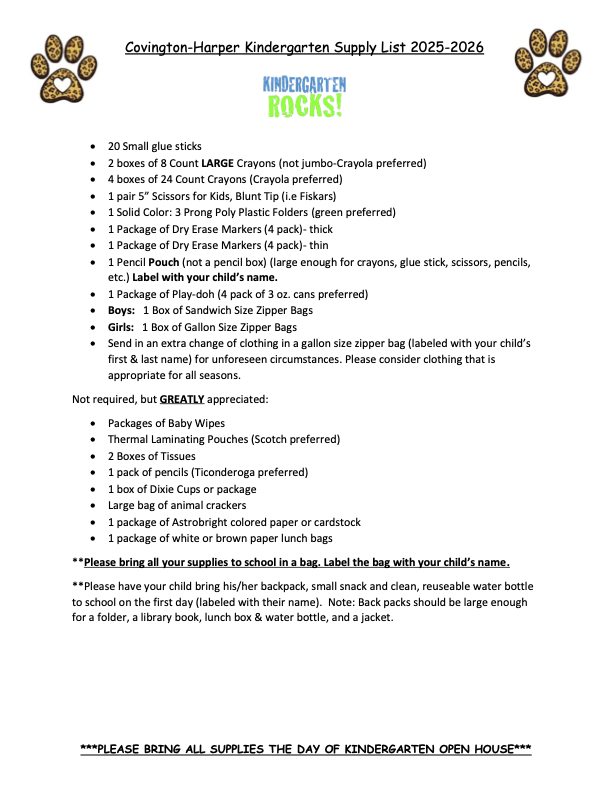 2025-26 School Supply Lists - Covington-Harper Elementary School